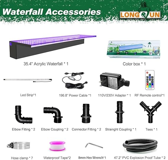 LONGRUN Acrylic Waterfall Spillway Multi-Color LED Light Pool Fountain ...