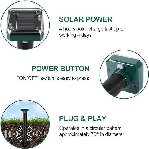 Fretech ELLASSAY Solar Powered Sonic Mole Deterrent Spikes,Snake Gopher ...